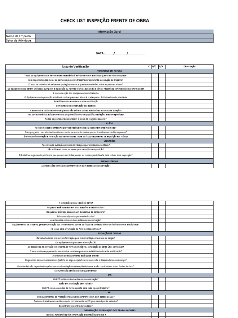 Check List (Inspeção Frente de Obra) | Download grátis PDF | Barulho