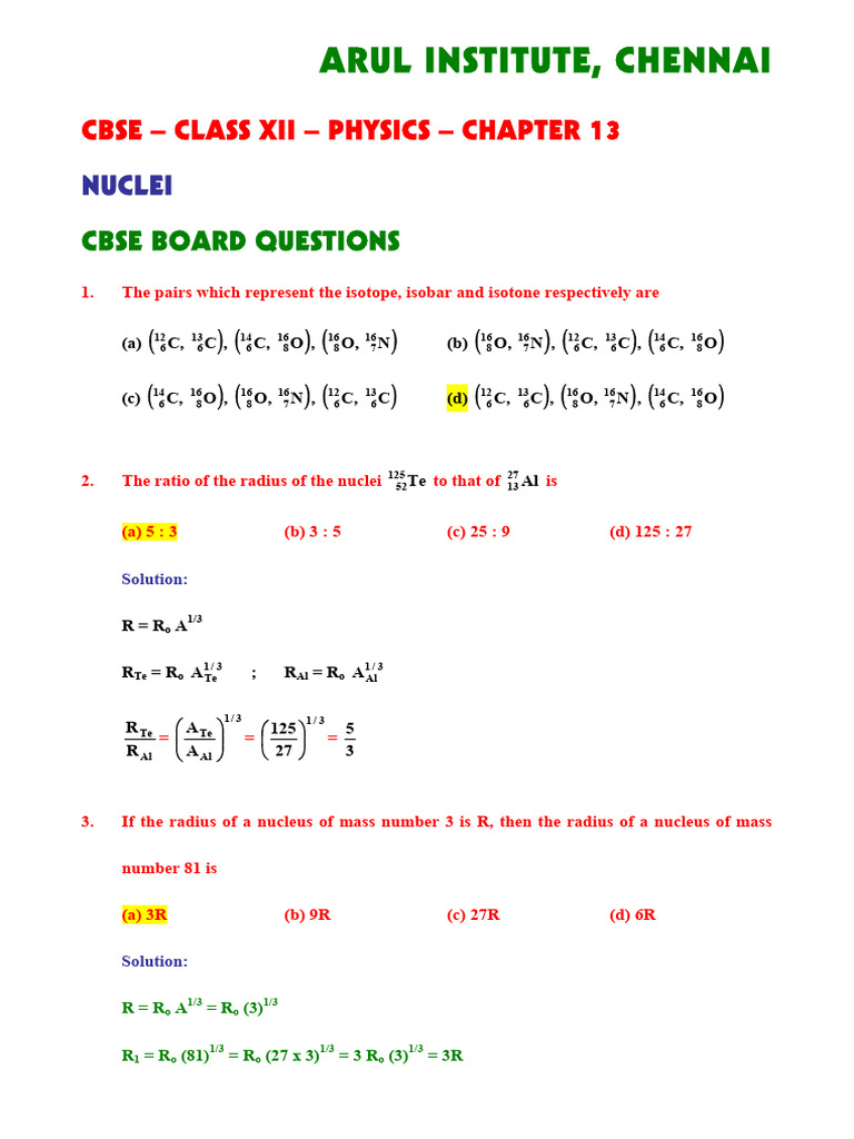 Nuclei CBSE Board Questions | PDF | Nuclear Force | Atomic Nucleus