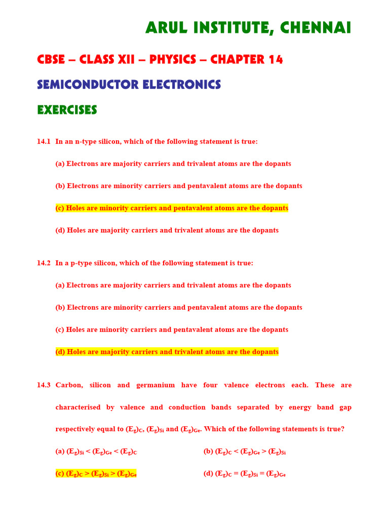 Class 12 Semiconductor Exercises | PDF | Teaching Methods & Materials | Science & Mathematics