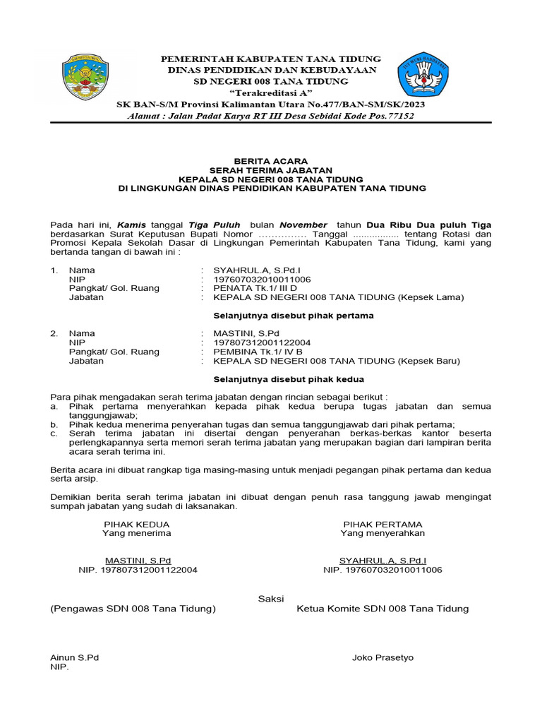 Surat Serah Terima Jabatan | PDF