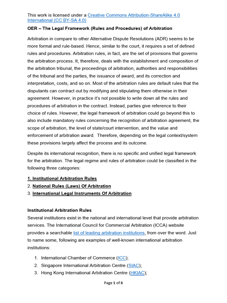 The Legal Framework (Rules and Procedures) of Arbitration | PDF ...