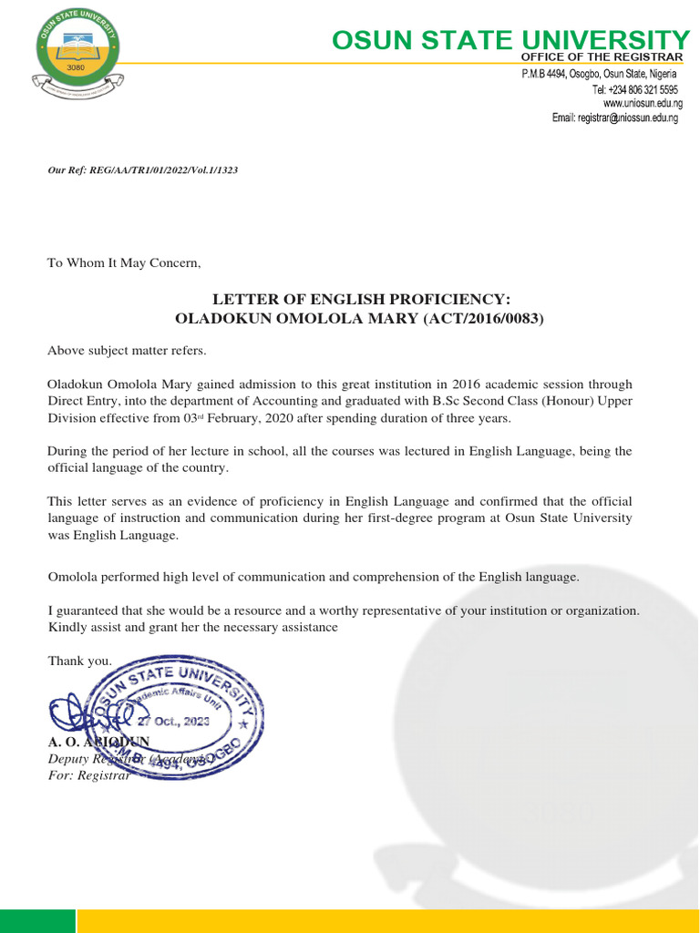 English Proficiency Letter for Oladokun | PDF