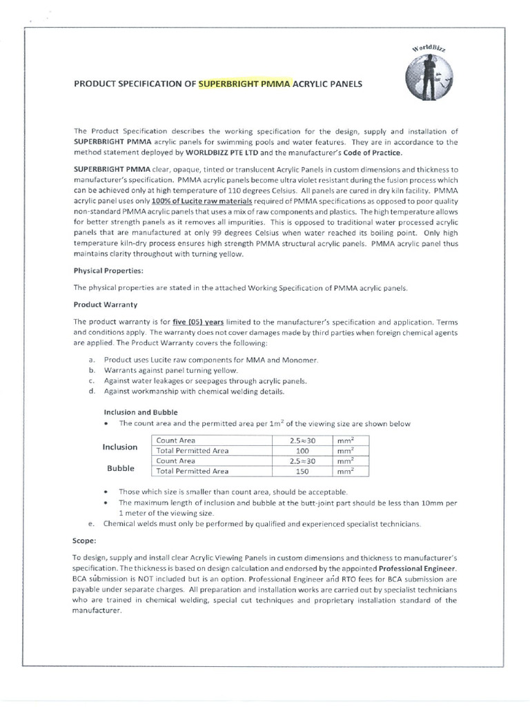 Product Specification of Superbright PMMA Acrylic Panels | PDF