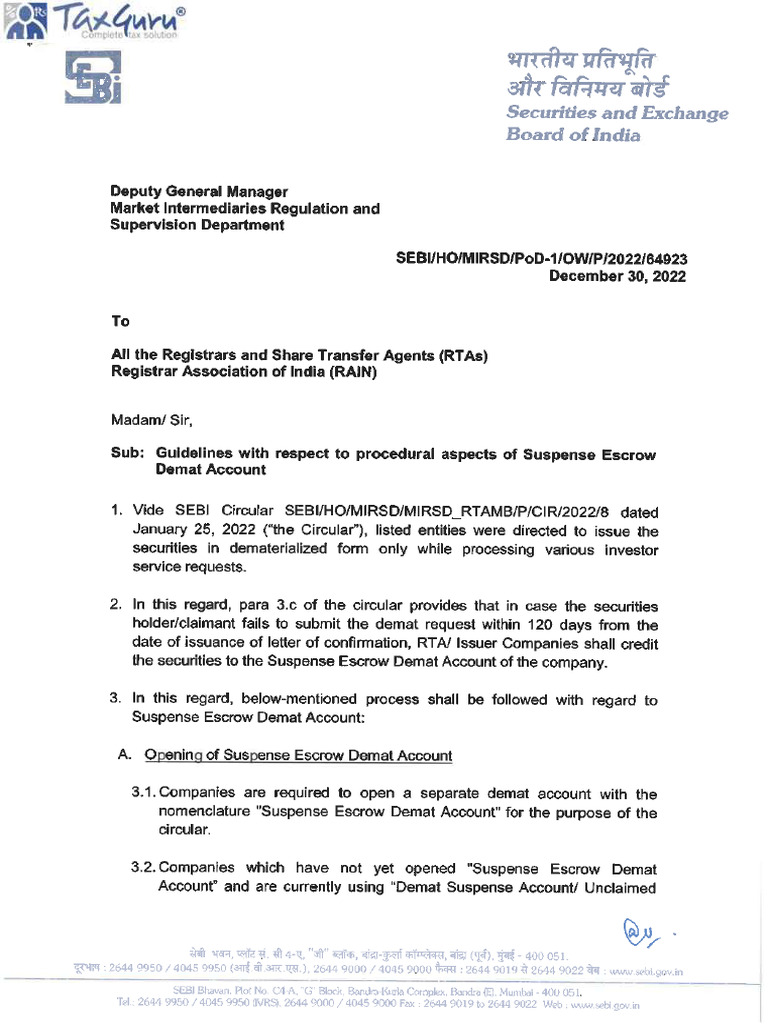 SEBI Guidelines On Procedural Aspects of Suspense Escrow Demat Account ...