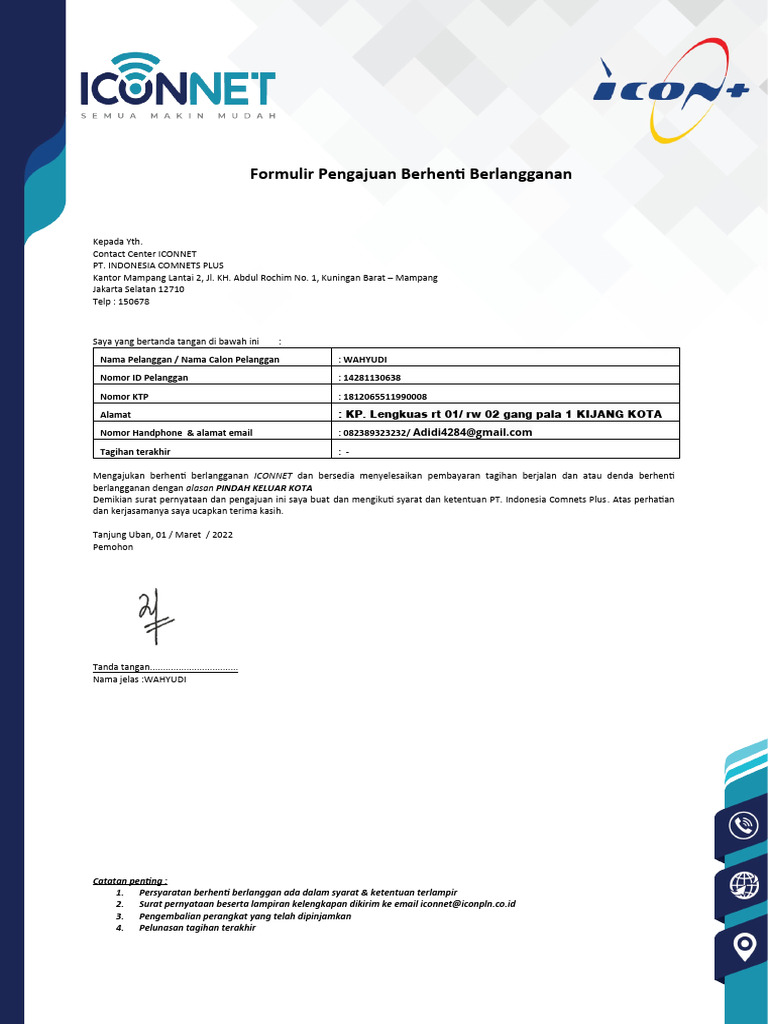 Formulir BERHENTI LANGGANAN Iconnet | PDF
