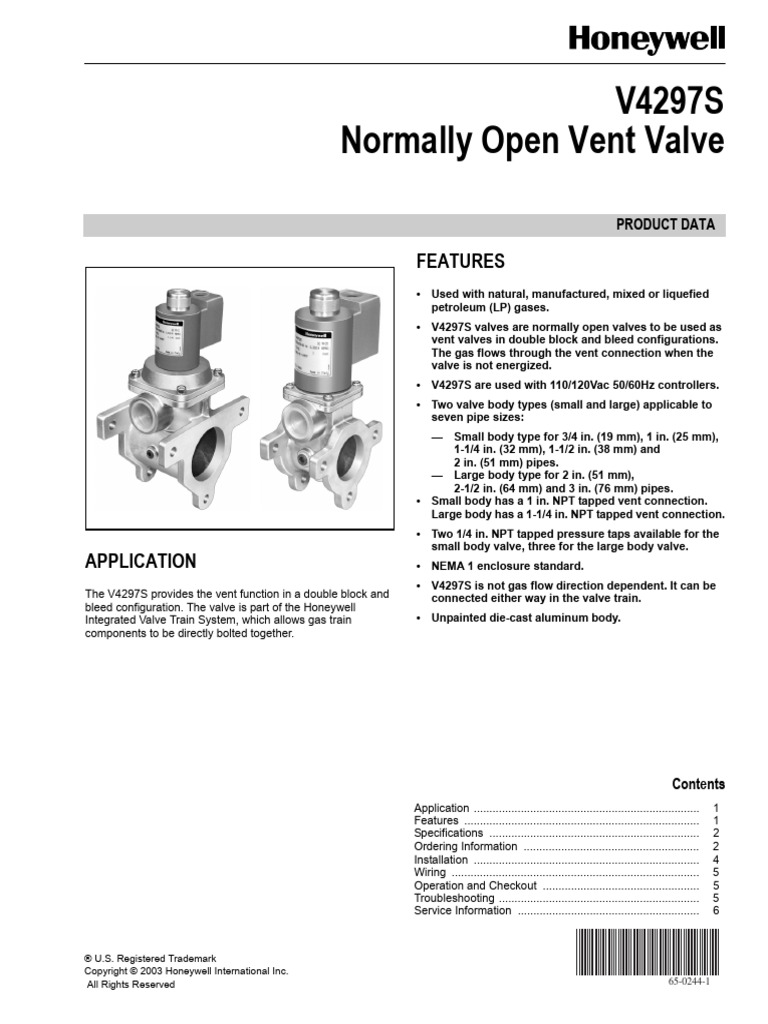 V4297S Normally Open Vent Valve 65-0244 1 | PDF | Valve | Screw