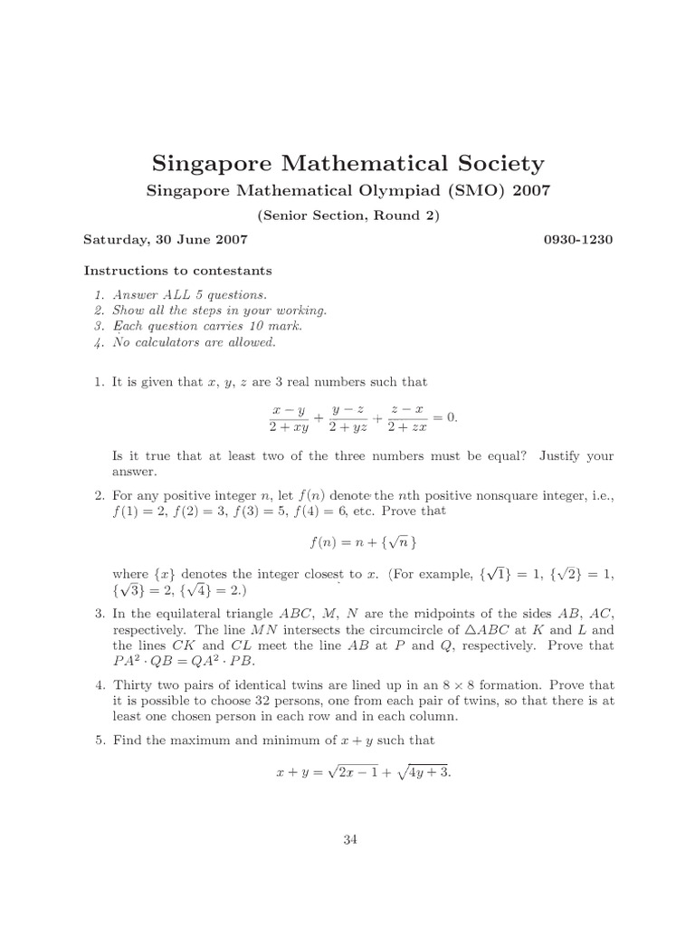 Senior Section - Round 2 - SMO Singapore Mathematical Olympiad 2007 | PDF