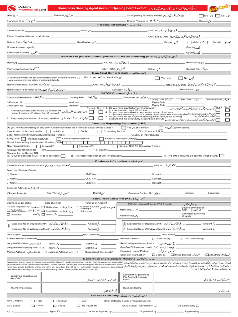 Branchless Banking Account Opening Form | PDF | Economies | Business