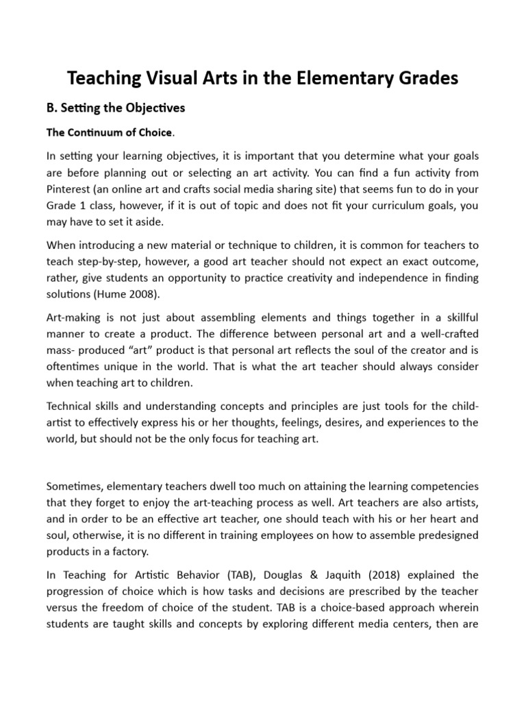 Teaching Visual Arts in The Elementary Grades: B. Setting The Objectives | PDF | Teachers ...