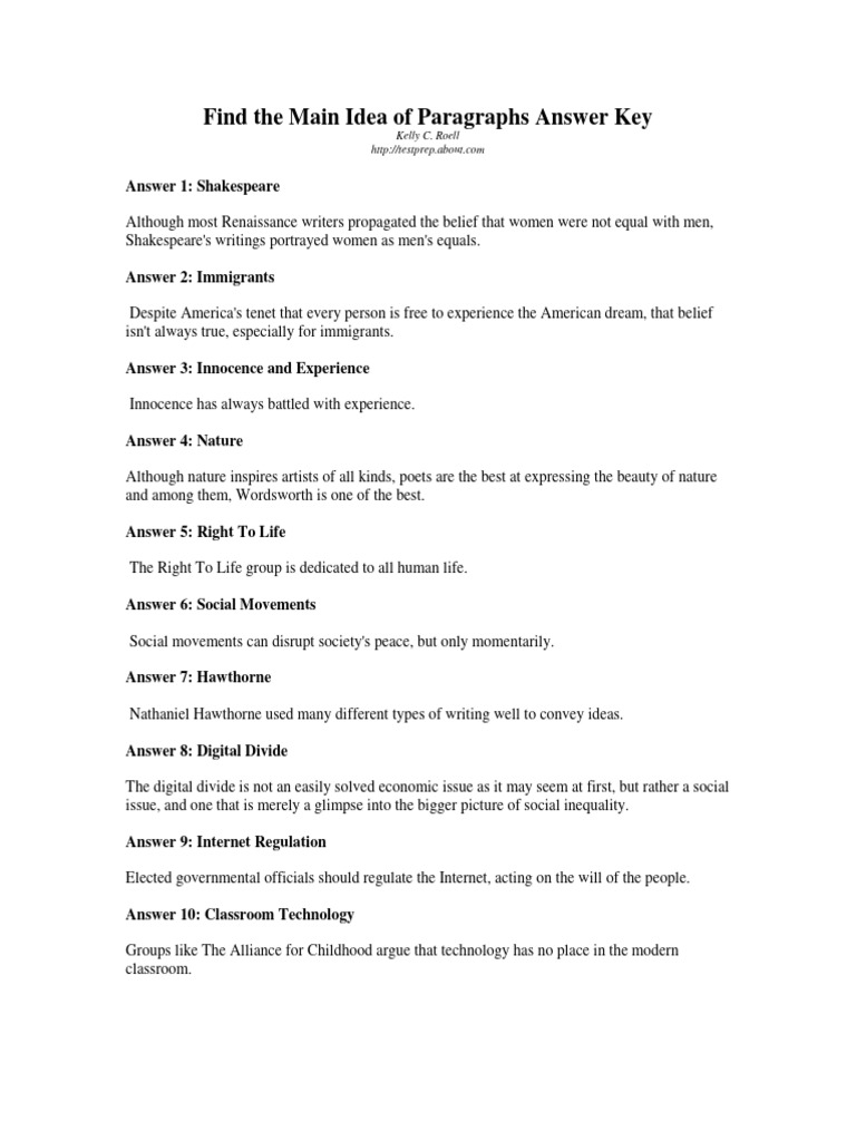 Main Idea Worksheet Answers | PDF