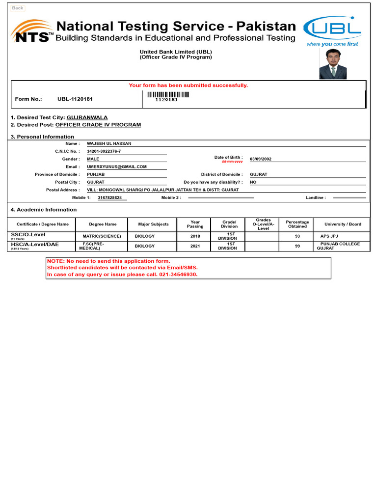 UBL Officer Grade IV Application Confirmation | PDF | Schools ...