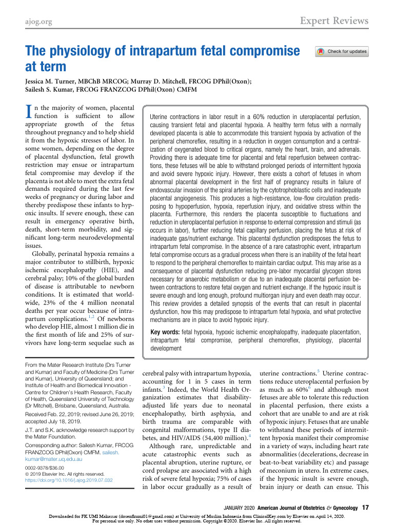 Journal - The physiology of intrapartum fetal compromise at term | PDF | Hypoxia (Medical ...