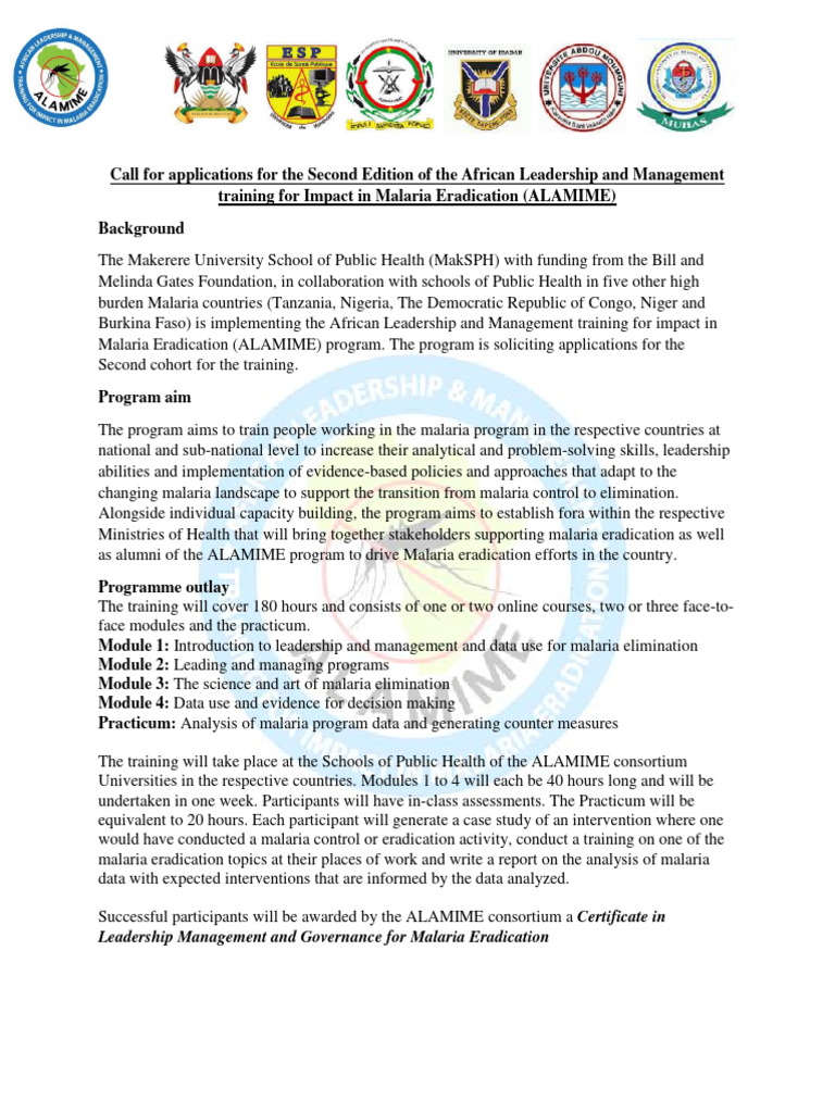 ALAMIME Training Applications Open | PDF | Malaria | Eradication Of ...