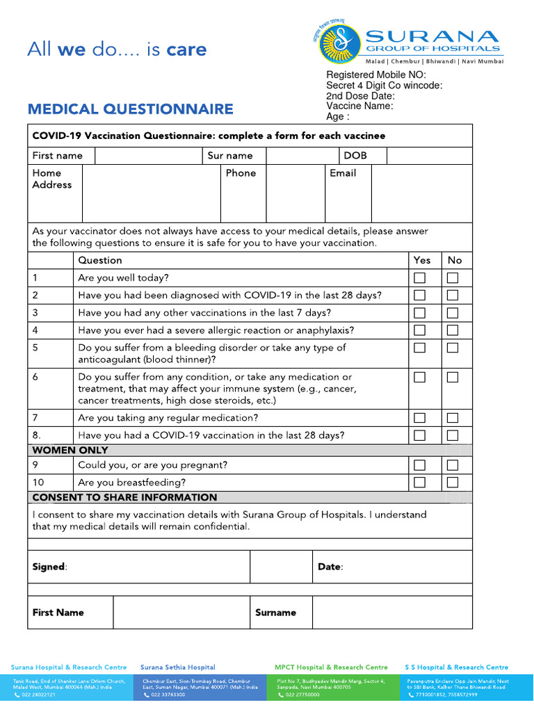Medical Questionaire-Surana Hospital | PDF