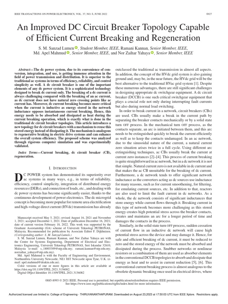 An Improved DC Circuit Breaker Topology Capable of Efficient Current ...