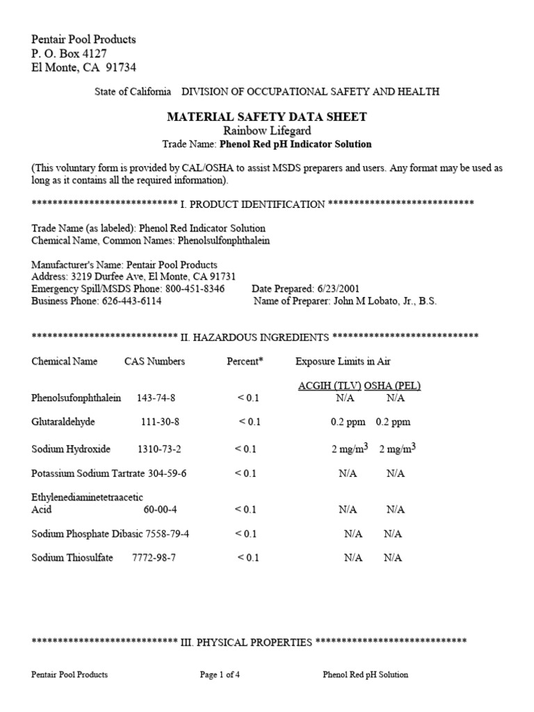 Phenol Red pH Indicator MSDS Guide | PDF | Occupational Safety And ...