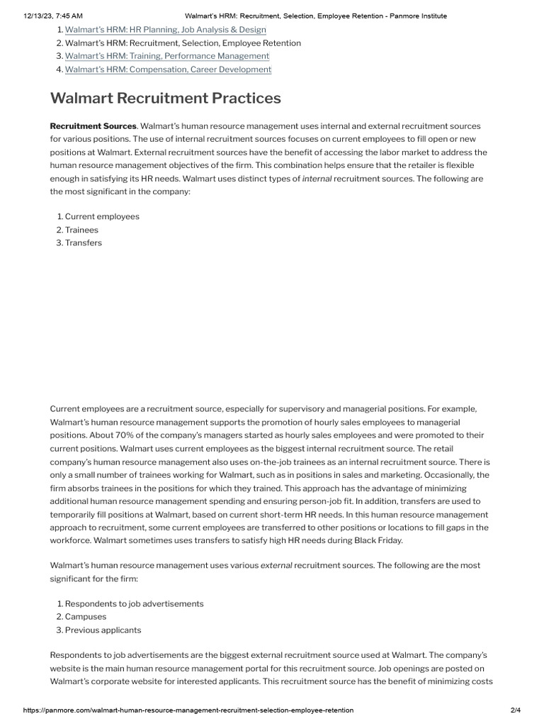 Walmart's HRM - Recruitment, Selection, Employee Retention - Panmore ...
