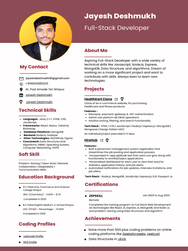 Jayesh Deshmukh: Full-Stack Developer | PDF | Java Script | Computing