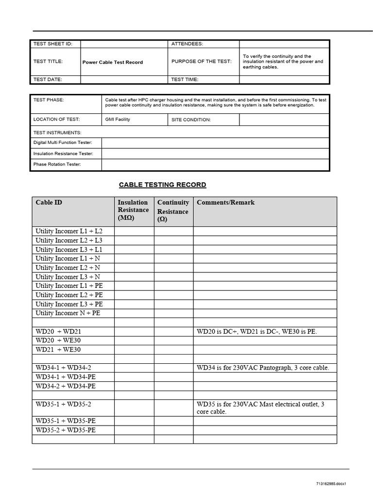 Power Cable Test Record | PDF | Power Engineering | Building Engineering