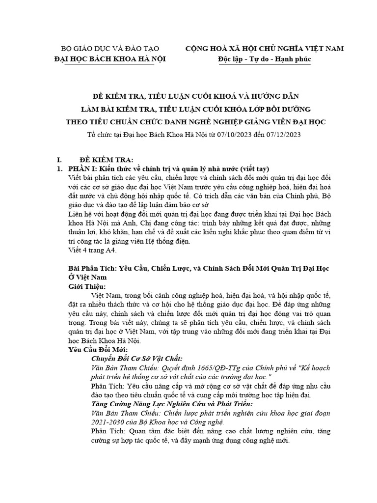 De Kiem Tra Va Thu Hoach Lop CDNN GVĐH (BKHN 2023) | PDF