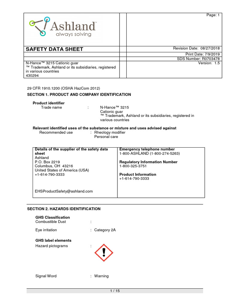 Ashland - N-Hance 3215 Cationic Guar - SDS | PDF | Dangerous Goods | Firefighting