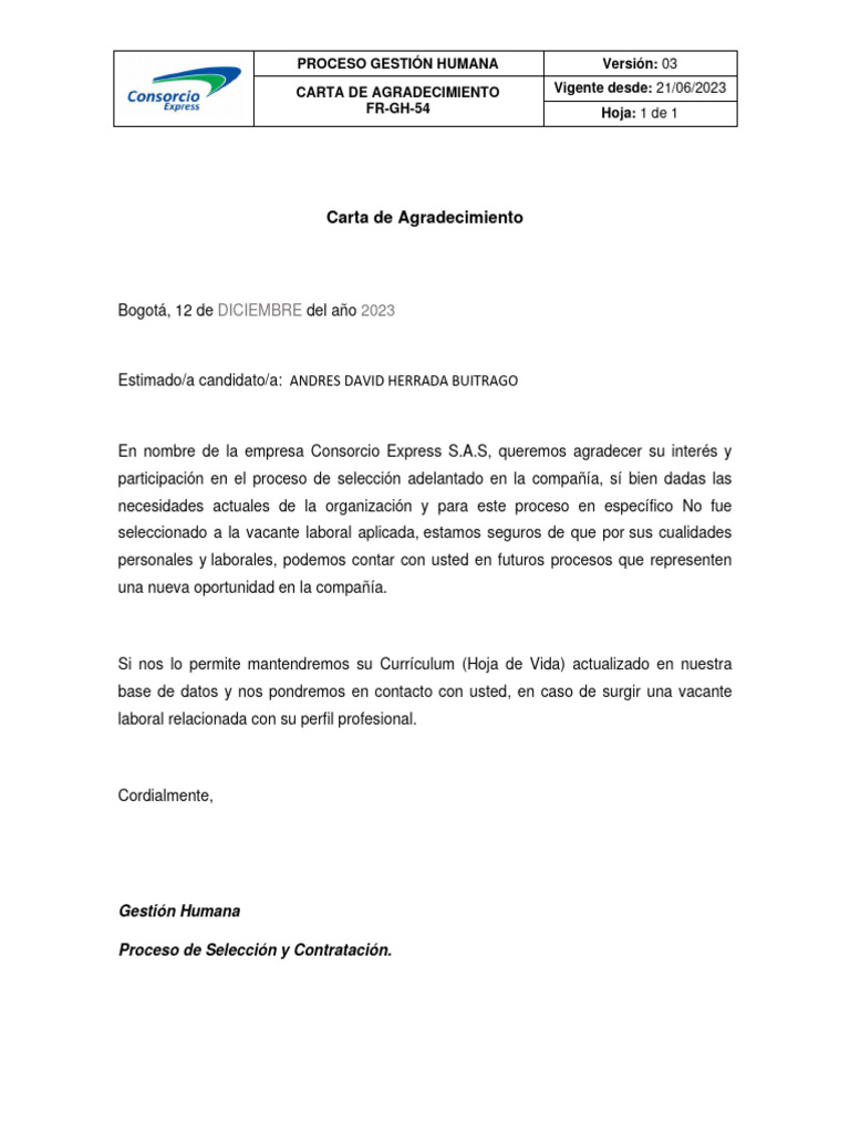 Carta - de - Agradecimiento Andres David Herrada Buitrago | PDF Carta - de - Agradecimiento Andres David Herrada Buitrago | PDF