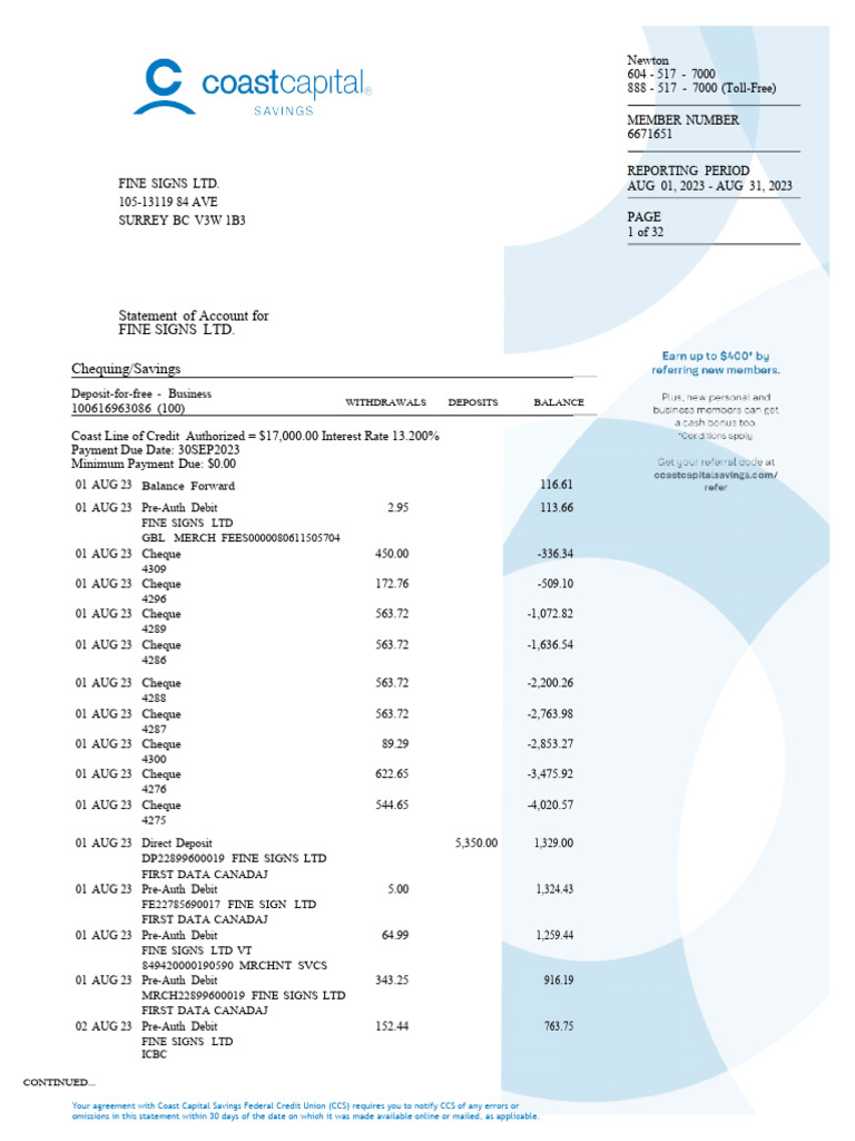 August 2023 - Monthly EStatement - Compressed-1-7 | Download Free PDF | Cheque | Transaction Account