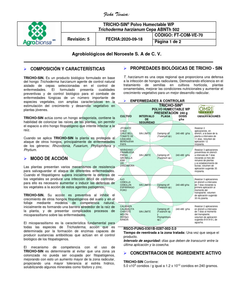 Ficha Técnica - Tricho-Sin WP (PLM) | PDF | Hongo | Plantas