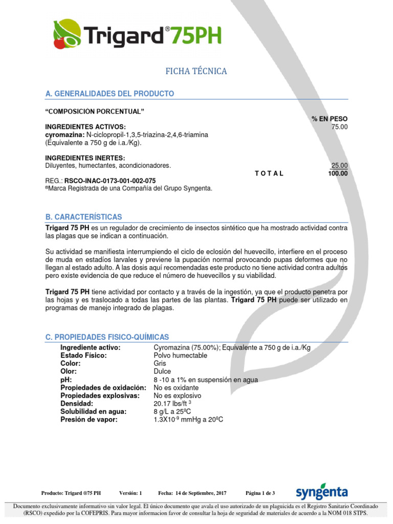 Ficha Técnica - Trigard 75 PH | PDF | Pesticida | Residuos