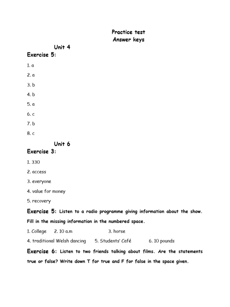 Answer Keys To Practice Test | PDF