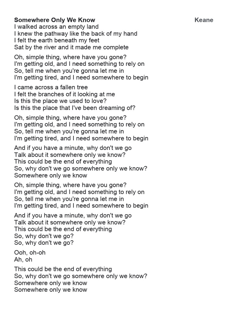 Keane's "Somewhere Only We Know" Lyrics | PDF | British Pop Songs ...
