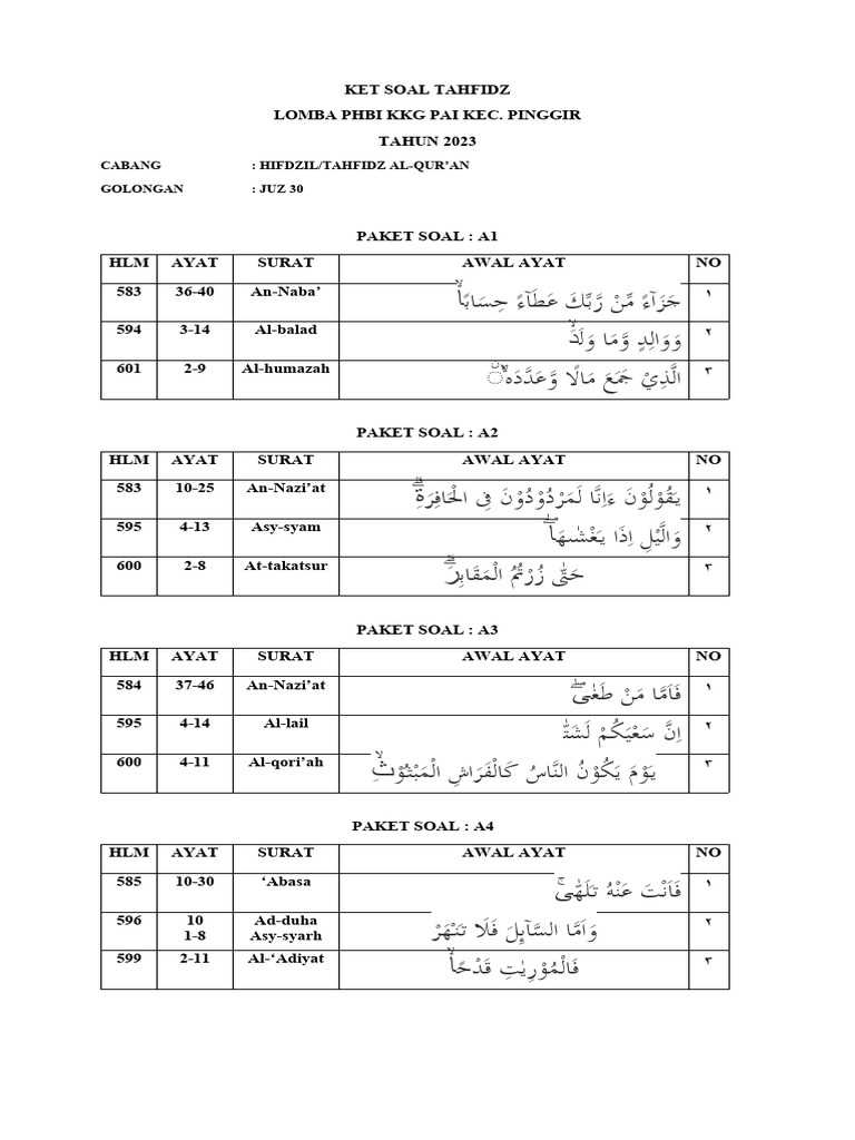 PAKET SOAL TAHFIDZ (Autosaved | PDF