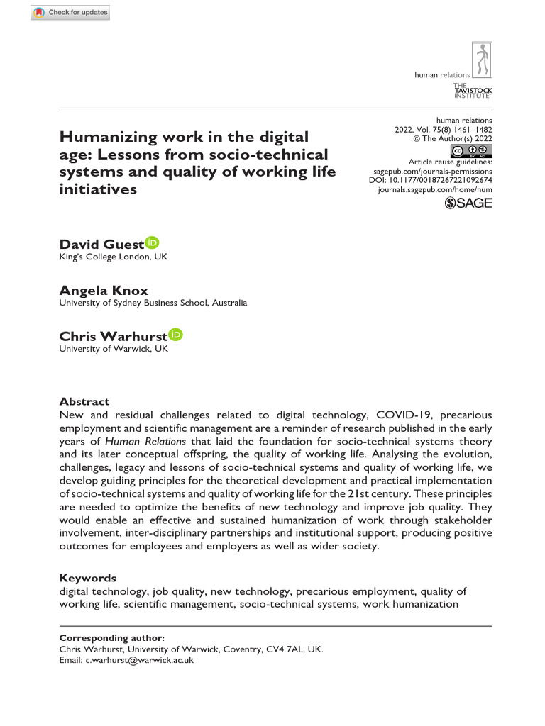 Humanizing Work in The Digital Age - Lessons From Socio-Technical Systems and Quality of Working ...
