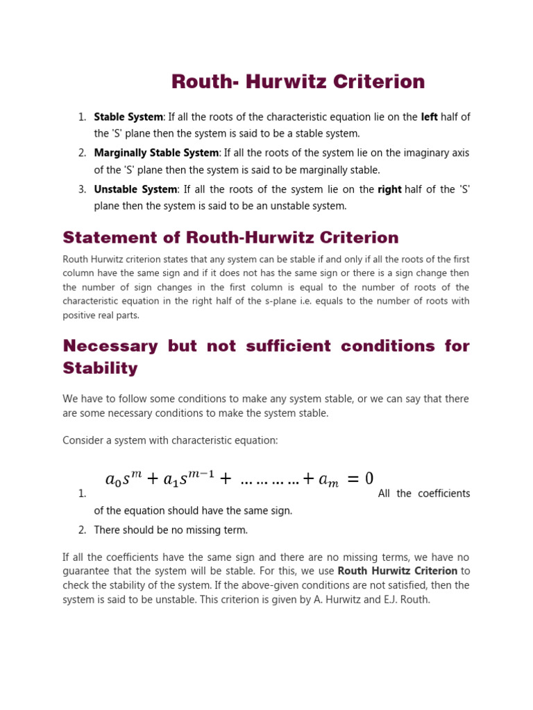 Routh Hurtwitz Criterion | PDF | Teaching Methods & Materials