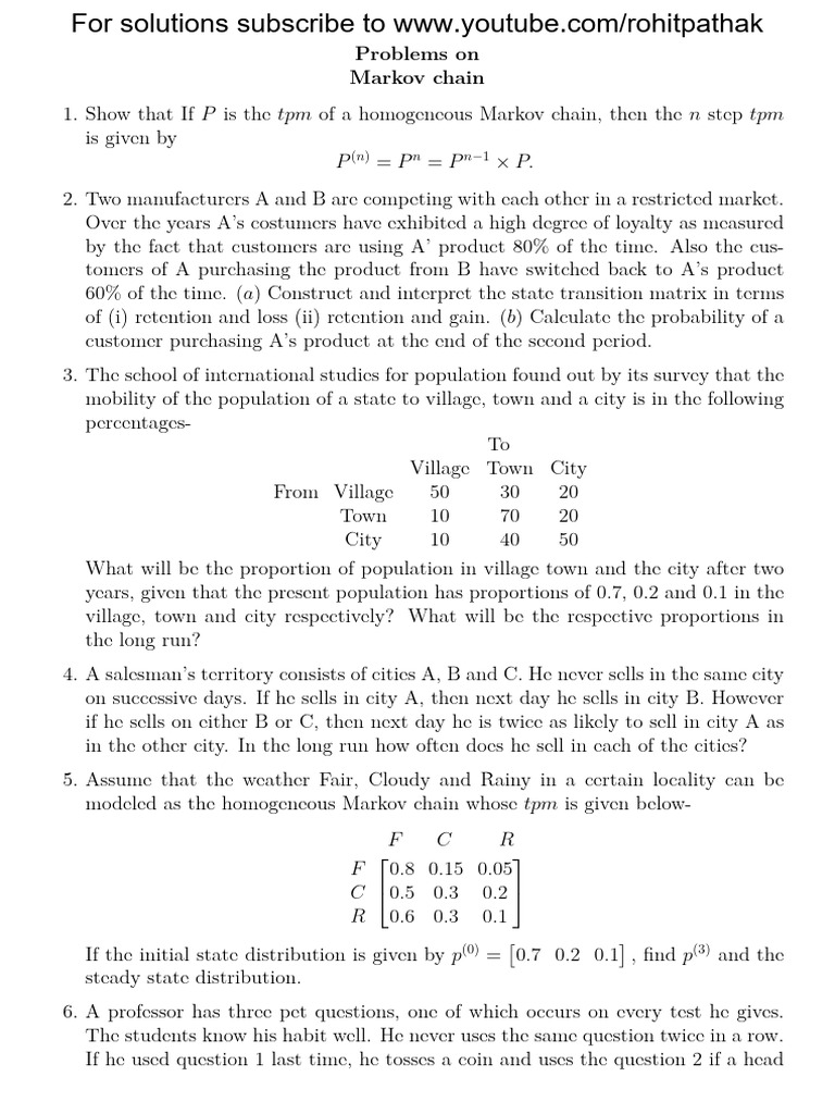 Problem Sheet on Markov chain | PDF | Markov Chain | Probability Theory