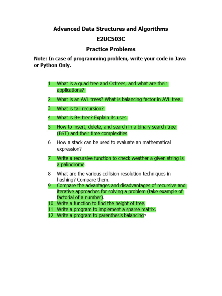 practice problems for ADSA | PDF