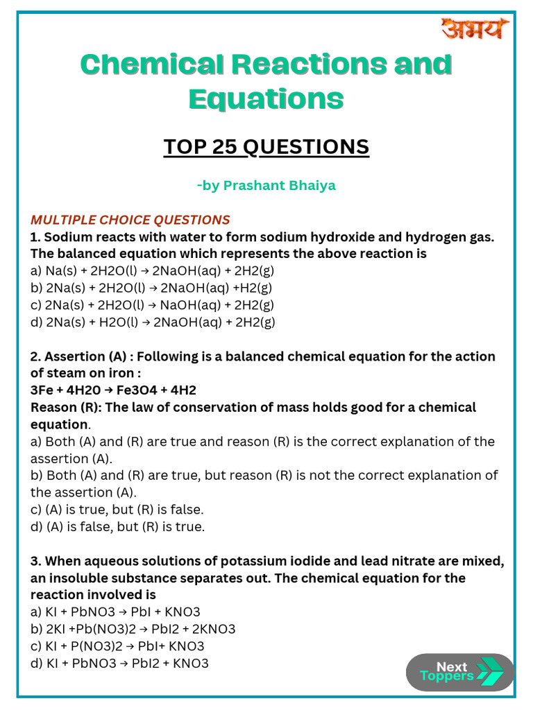 Class 10 Chemical Reactions Quiz | PDF | Oxide | Chemical Reactions