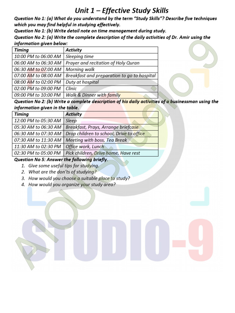 AIOU Studio 9: Unit 1 - Effective Study Skills | PDF | Question
