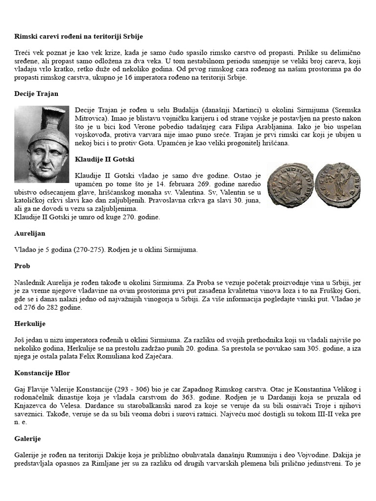 Rimski Carevi Rođeni Na Teritoriji Srbije | PDF