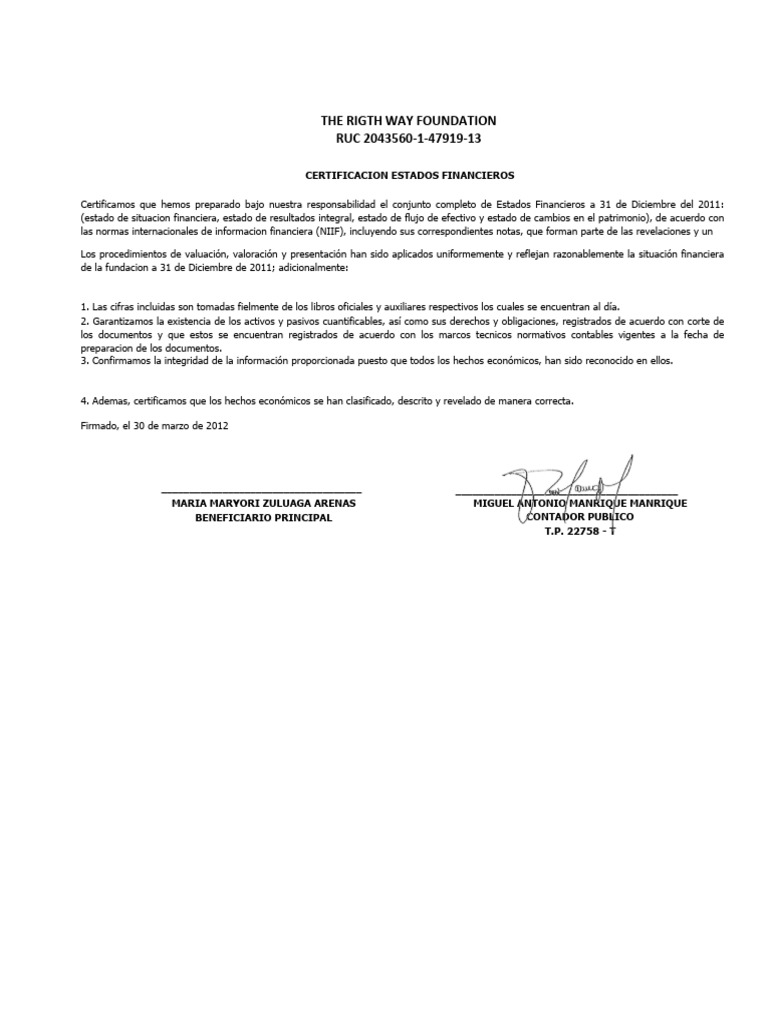 Certificacion Eeff 2011 | PDF