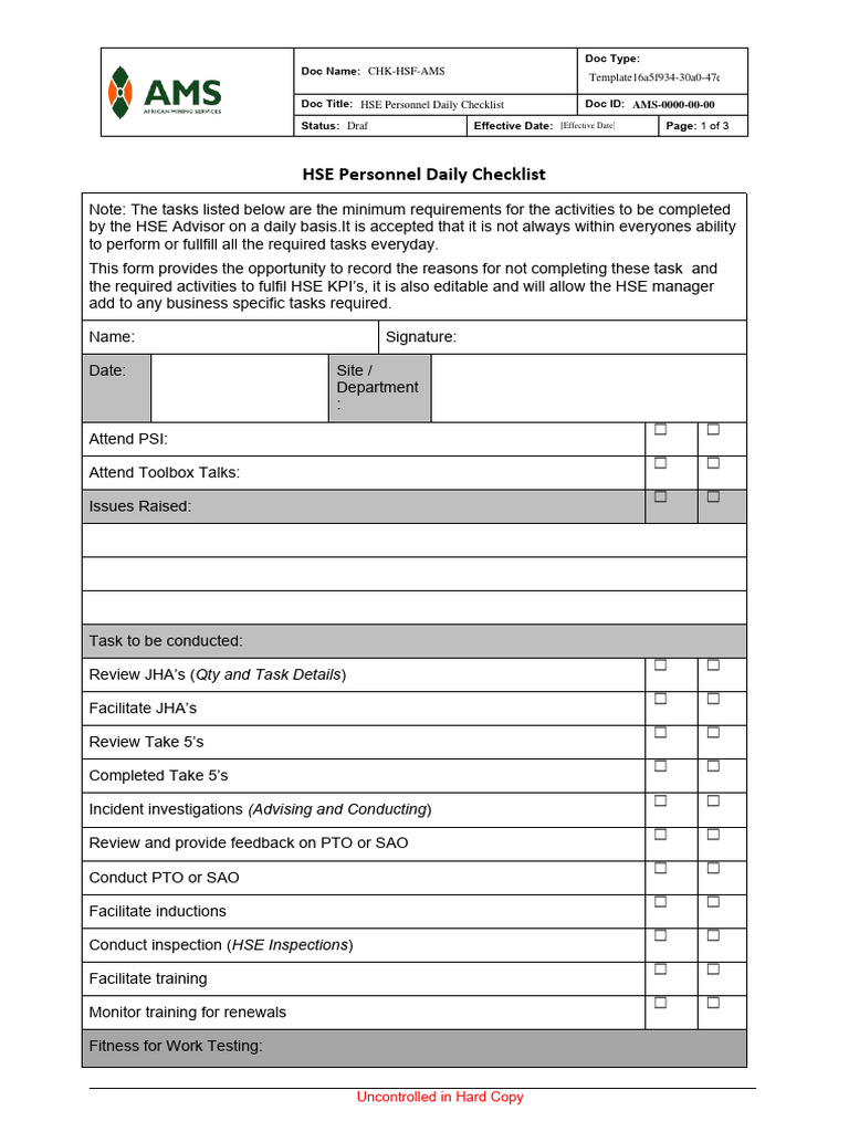 HSE Personnel Daily Checklist | PDF