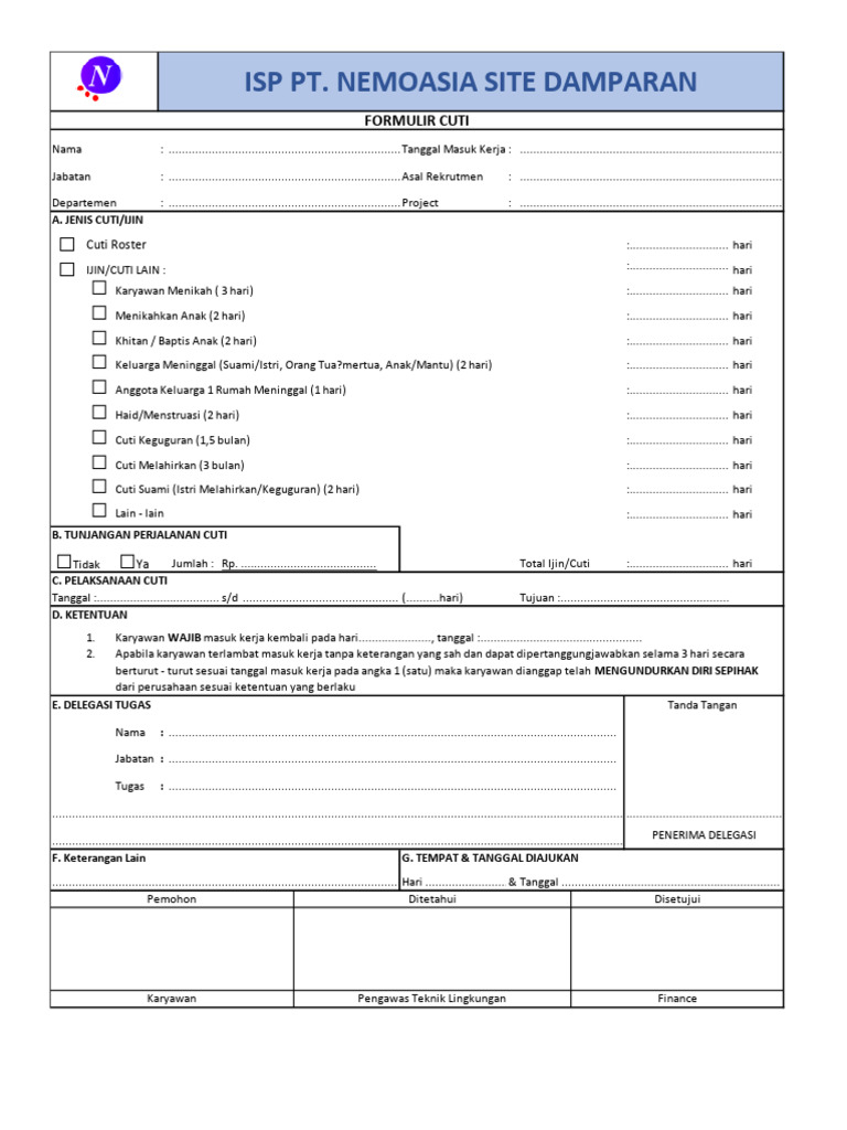 Form Cuti ISP PT. Nemoasia Site Damparan | PDF | Karier & Perkembangan | Pengelolaan Keuangan & Uang