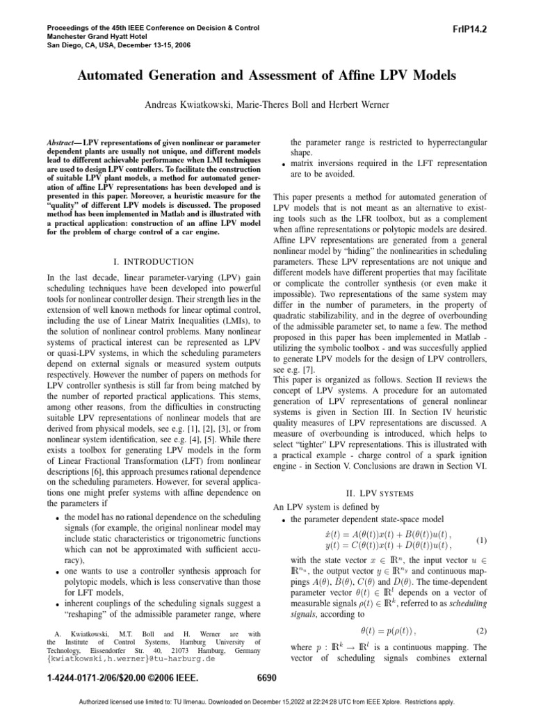 Automated Generation and Assessment of Affine LPV Models | PDF ...