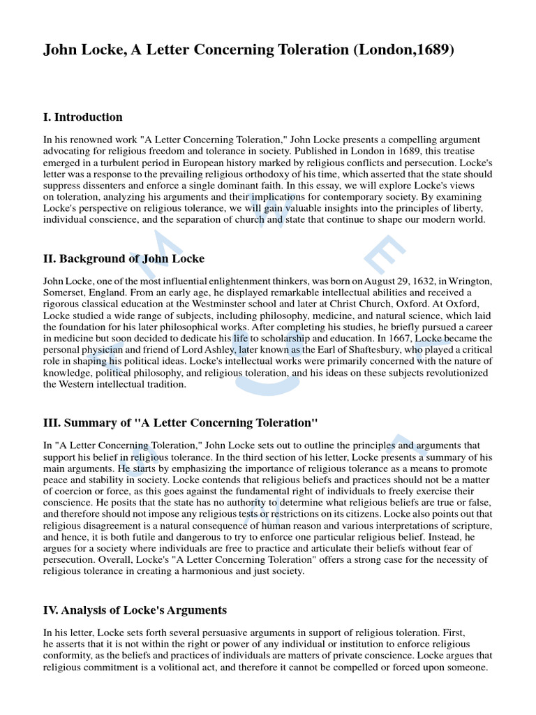 John Locke, A Letter Concerning Toleration (London, 1689) | PDF | John ...