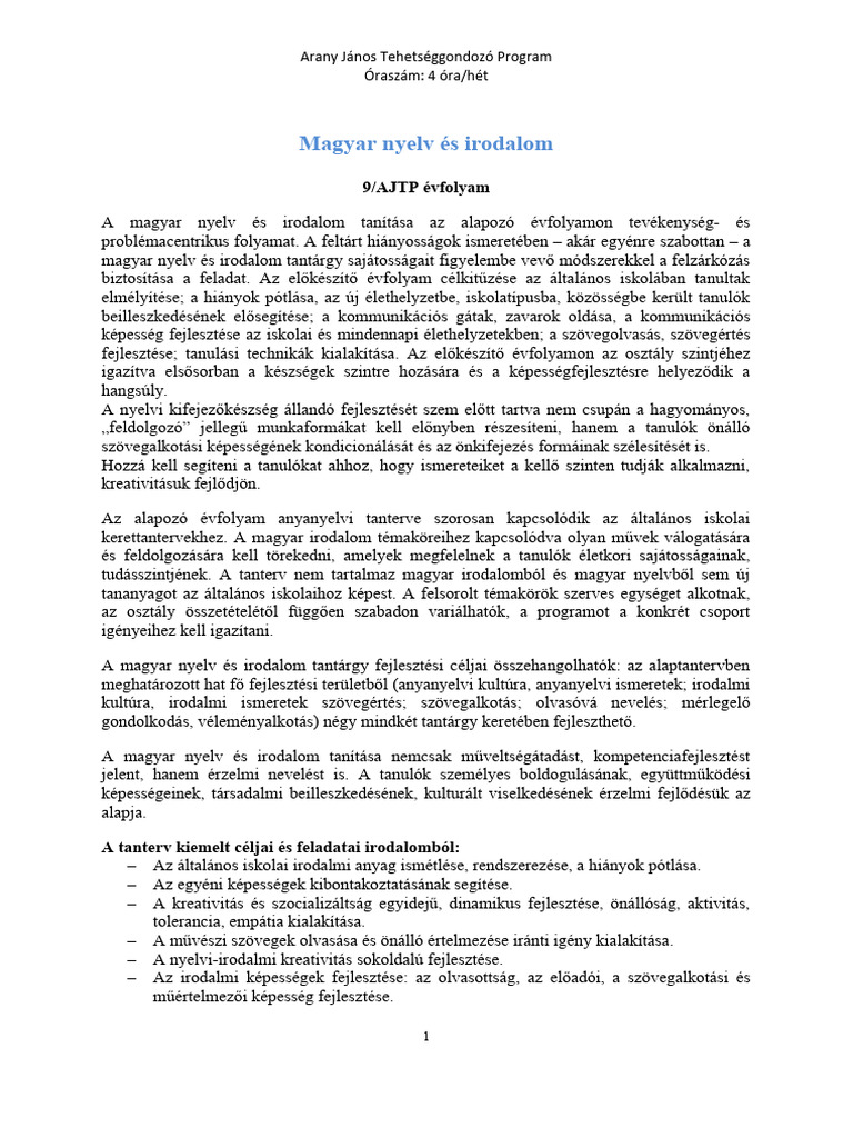 Magyar Nyelv Es Irodalom 9AJTP Evfolyam 4 Ora 2021 | PDF