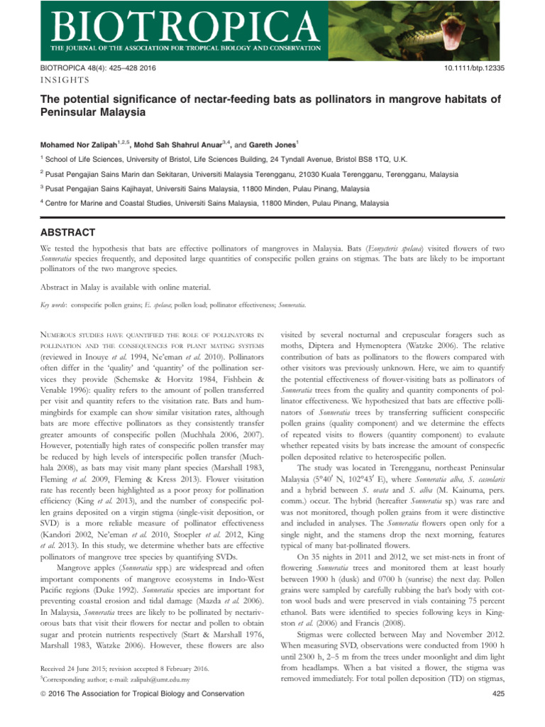 Zalipah Et Al. 2016. The Potential Significance of Nectar-Feeding Bats ...