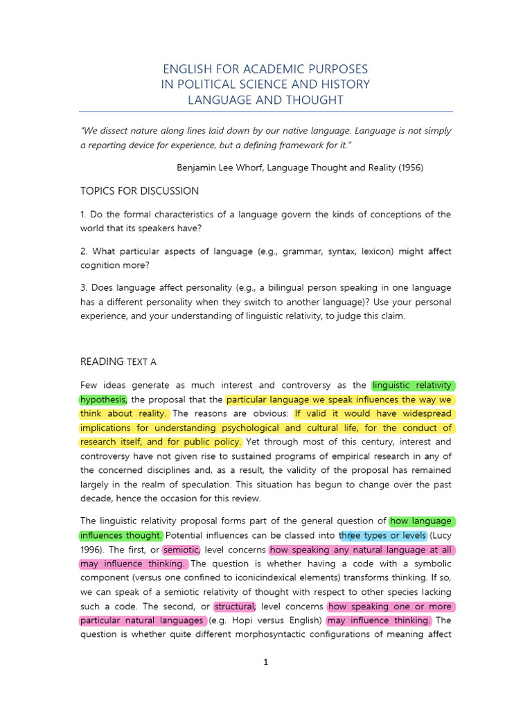 Unit2 - Language and Thought - Class | PDF | Linguistics | Thought