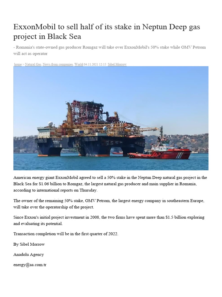 ExxonMobil To Sell Half of Its Stake in Neptun Deep Gas Project in ...
