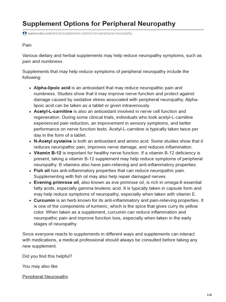 Supplement Options For Peripheral Neuropathy | PDF | Peripheral Neuropathy | Pain