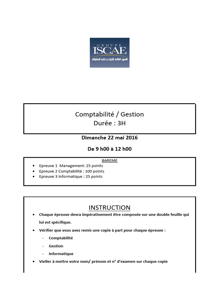 Iscae Compta Gestion 2016 Corrige | PDF | Dépréciation | Comptabilité